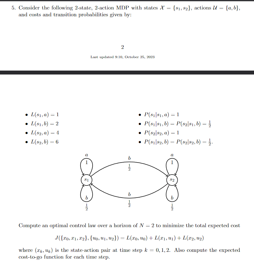 Solved 5. Consider the following 2-state, 2-action MDP with | Chegg.com