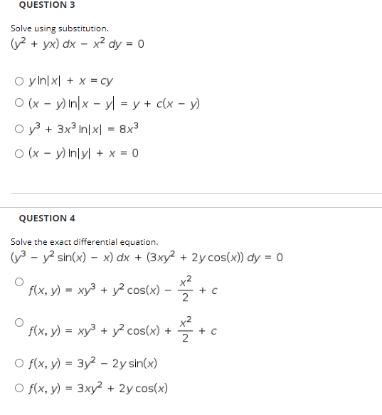 Solved QUESTION 3 Solve using substitution. 2 + yx) dx - x2 | Chegg.com