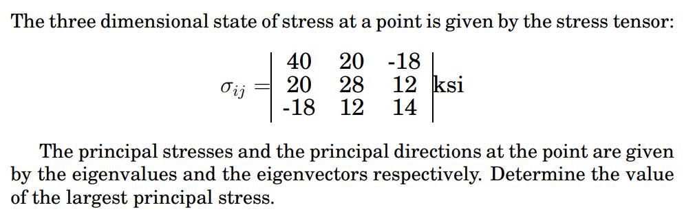 Solved The three dimensional state of stress at a point is | Chegg.com