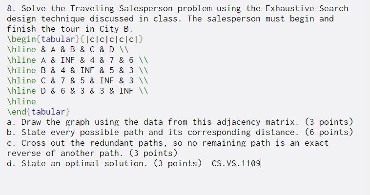 Solved 8. Solve the Traveling Salesperson problem using the | Chegg.com