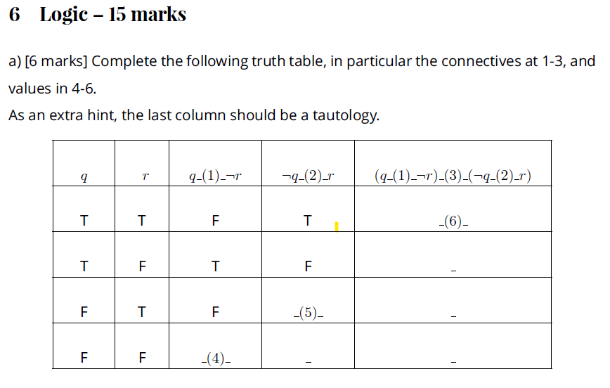 Solved 6 Logic – 15 marks a) [6 marks] Complete the | Chegg.com