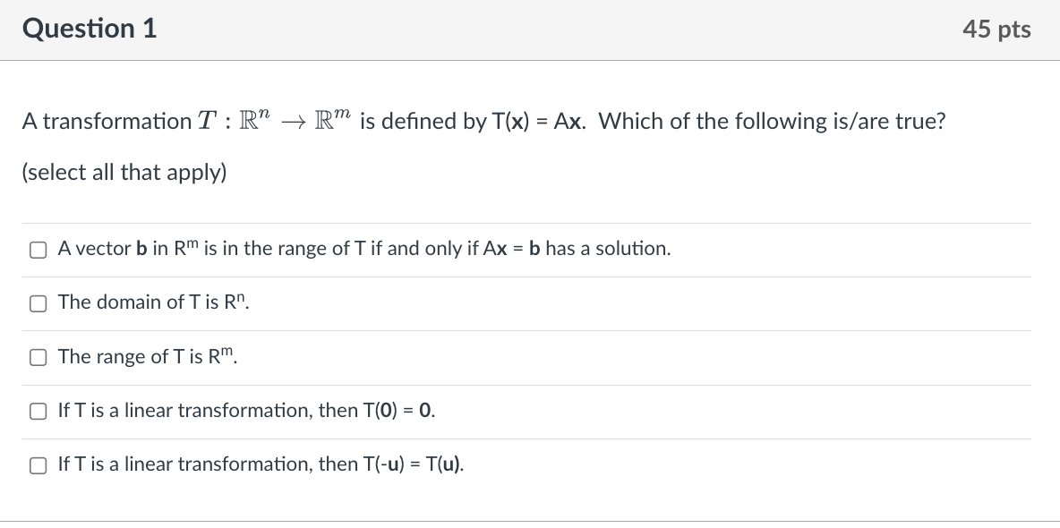 Solved A transformation T:Rn→Rm is defined by T(x)= Ax. | Chegg.com