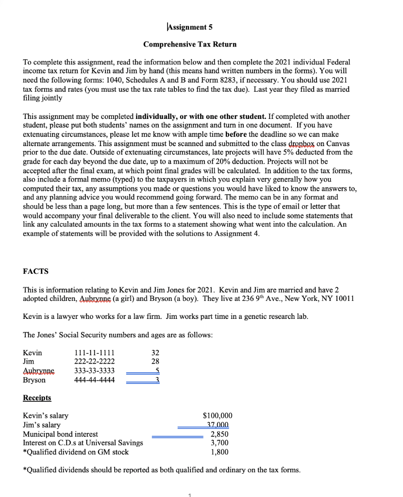 Assignment 5 Comprehensive Tax Return To complete | Chegg.com