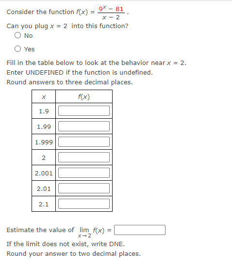 Solved Consider the function f(x) 9X - 81 X - 2 Can you plug | Chegg.com