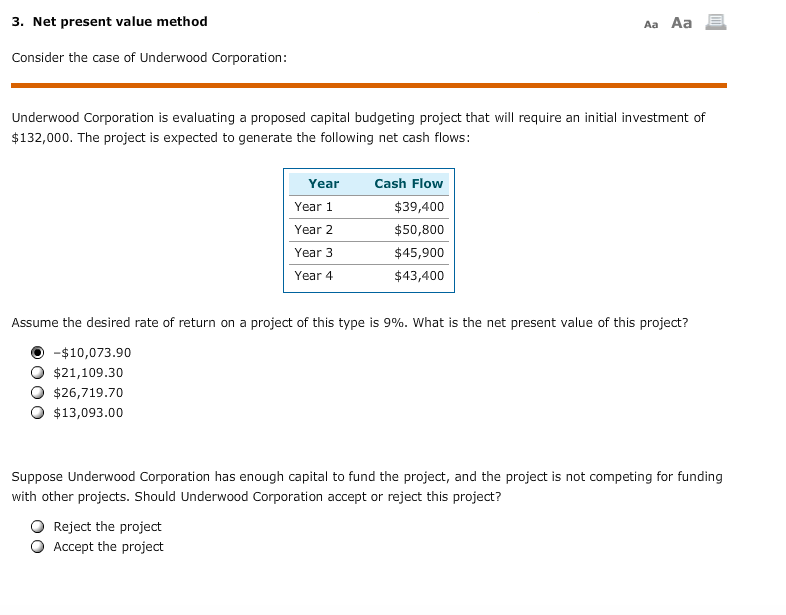 Solved 3. Net present value method Aa Aa Consider the case | Chegg.com