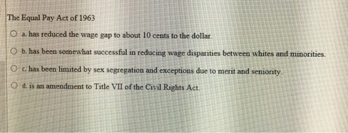 Solved The Equal Pay Act of 1963 O a. has reduced the wage | Chegg.com