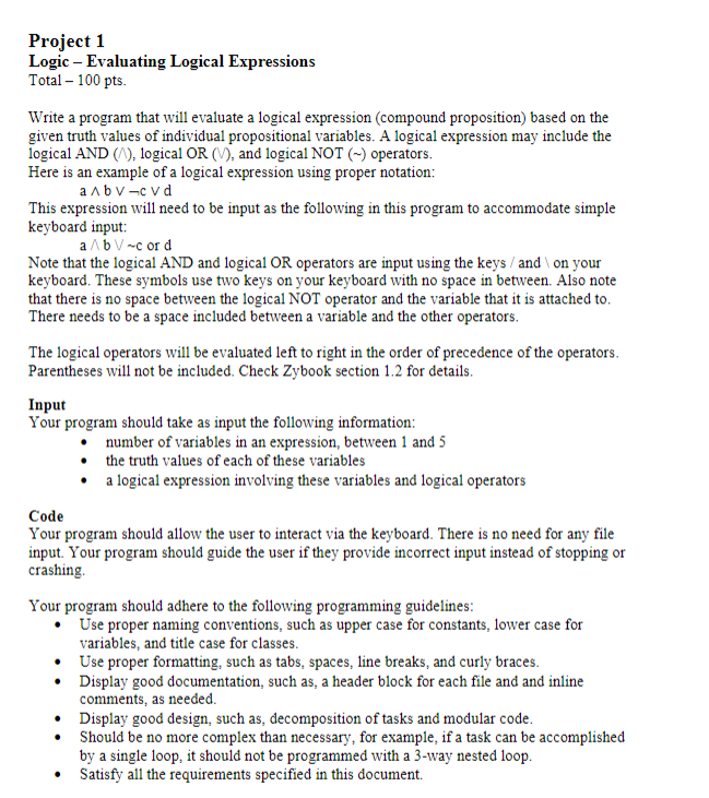 Solved Project 1Logic - ﻿Evaluating Logical ExpressionsTotal | Chegg.com