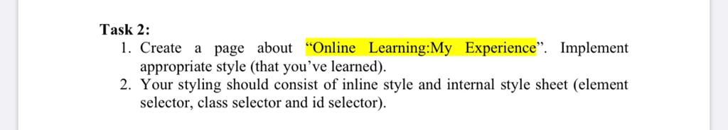 Solved Task 2: 1. Create a page about “Online Learning:My | Chegg.com