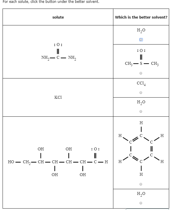 Solved For each solute, click the button under the better | Chegg.com