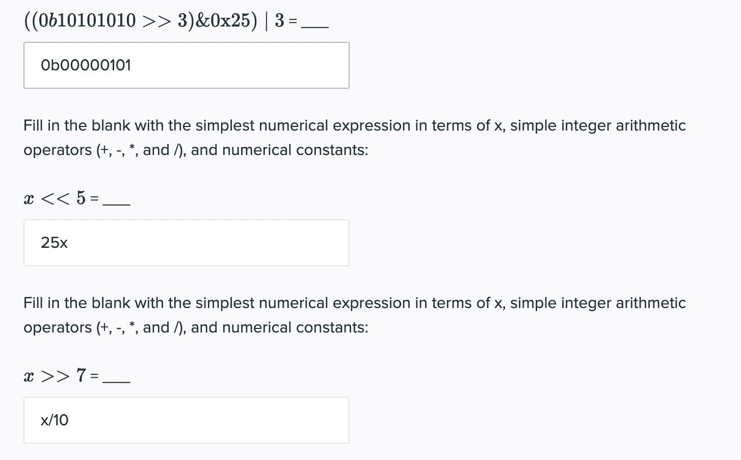 Solved ((0610101010 >>3)&0x25) | 3 = Ob00000101 Fill in the | Chegg.com
