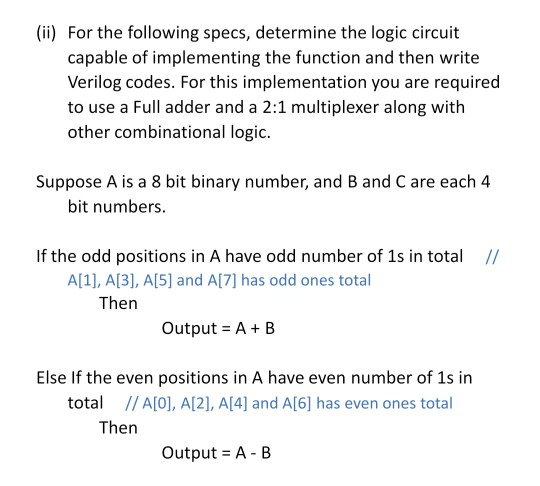 Solved (ii) For the following specs, determine the logic | Chegg.com