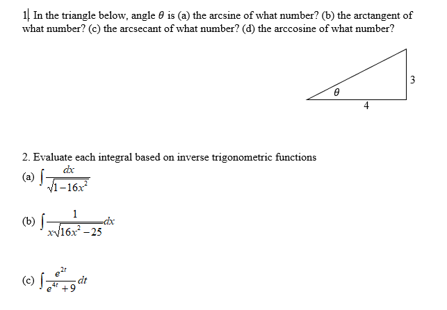 Solved 1. In the triangle below, angle 8 is (a) the arcsine | Chegg.com