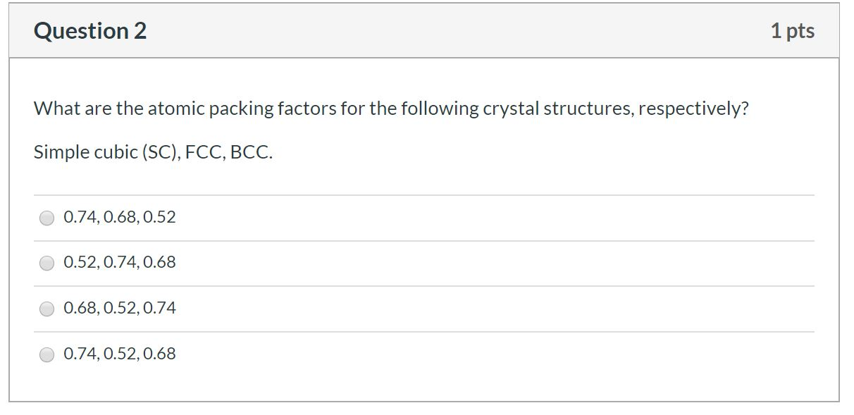 Solved Question 2 1 pts What are the atomic packing factors | Chegg.com
