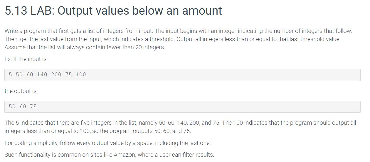 Solved: 5.13 LAB: Output Values Below An Amount Write A Pr... | Chegg.com
