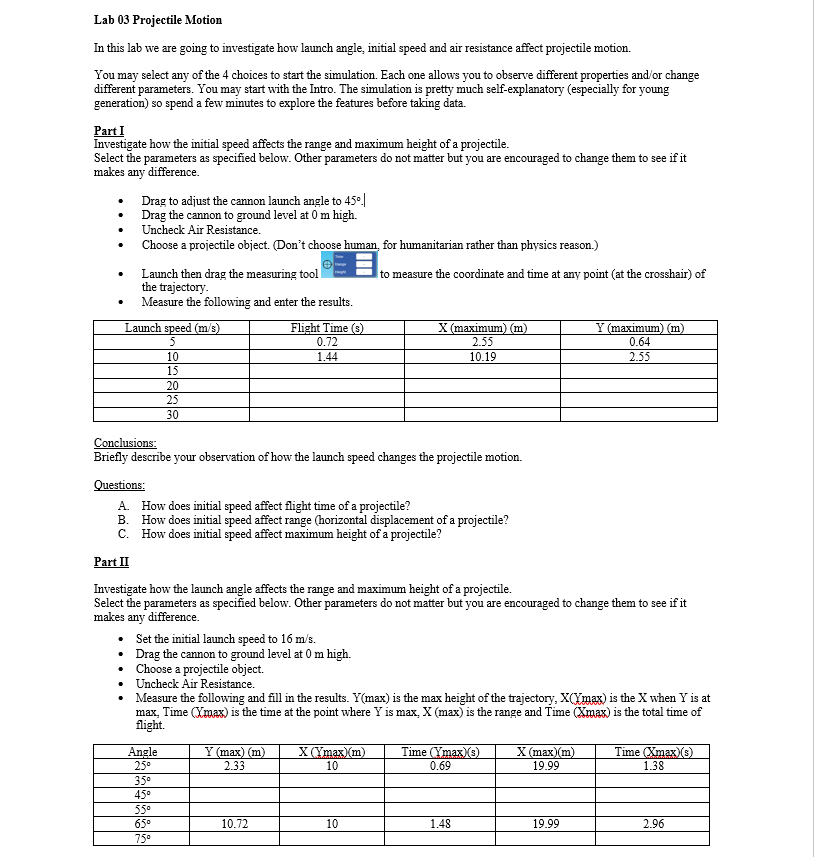 Solved Lab 03 Projectile Motion In this lab we are going to | Chegg.com