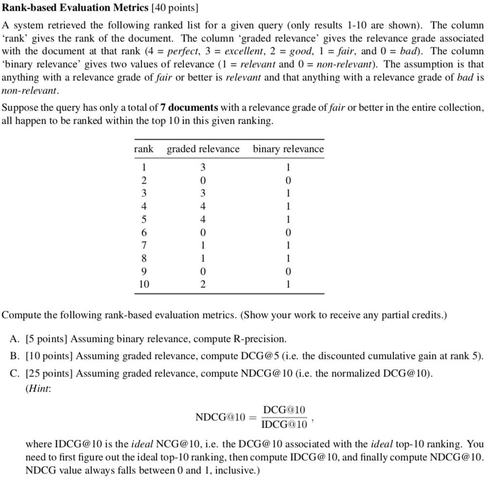 Rank-based Evaluation Metrics [40 points] A system | Chegg.com