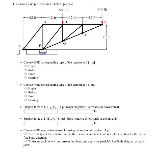 Solved 1. Consider a simple truss shown below. [25 pts] 500 | Chegg.com