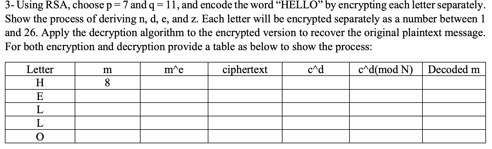 Solved 3- Using RSA, choose p=7 and q=11, and encode the | Chegg.com