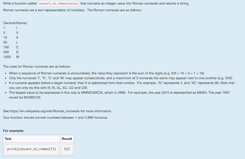 Solved Write a function called convert_to_roman(value) that | Chegg.com