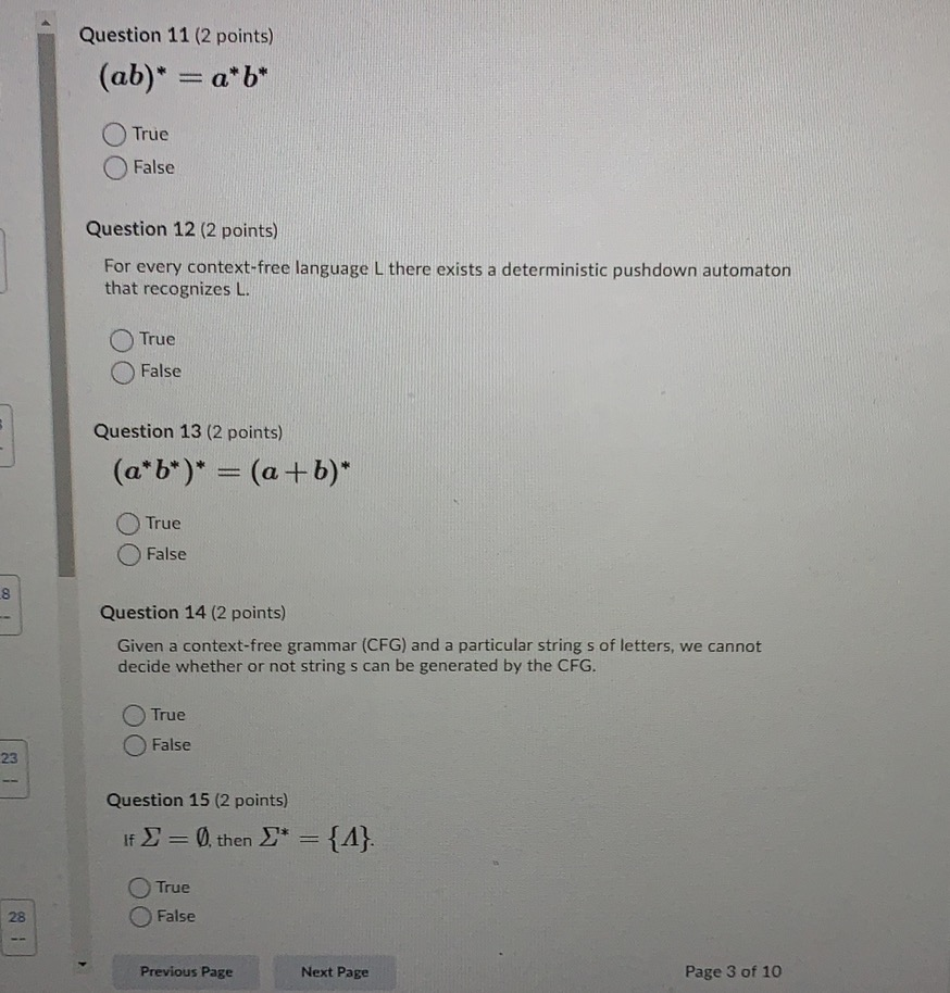 Solved Question 11 (2 points) (ab)* = a*b* True False | Chegg.com