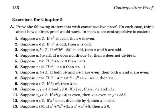 Solved 136 Contrapositive Proof + Exercises for Chapter 5 A. | Chegg.com