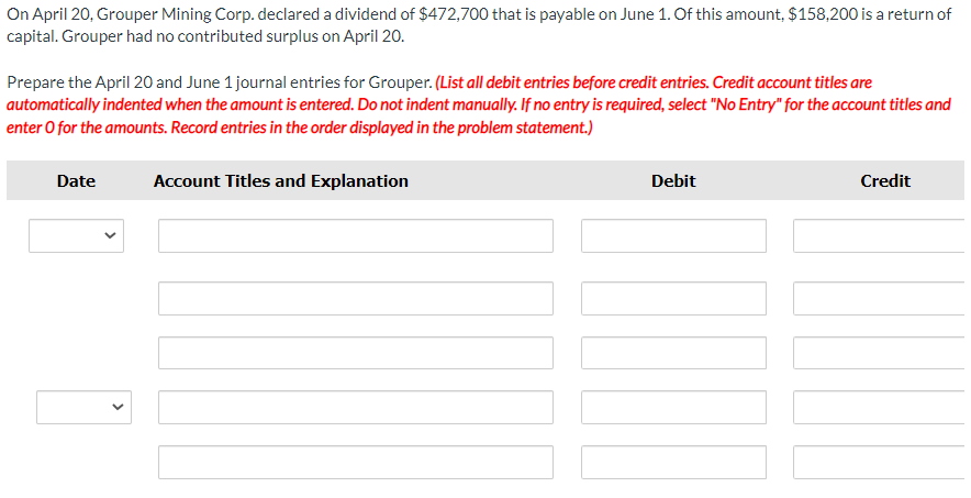 Solved On April 20, Grouper Mining Corp. declared a dividend | Chegg.com