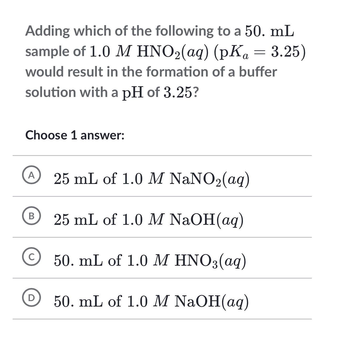 Solved Adding which of the following to a 50.mL ﻿sample of | Chegg.com