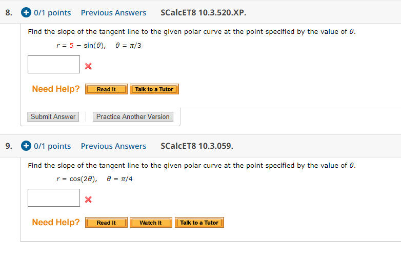 Solved 8. 0/1 points Previous Answers CalcET8 10.3.520.XP. | Chegg.com
