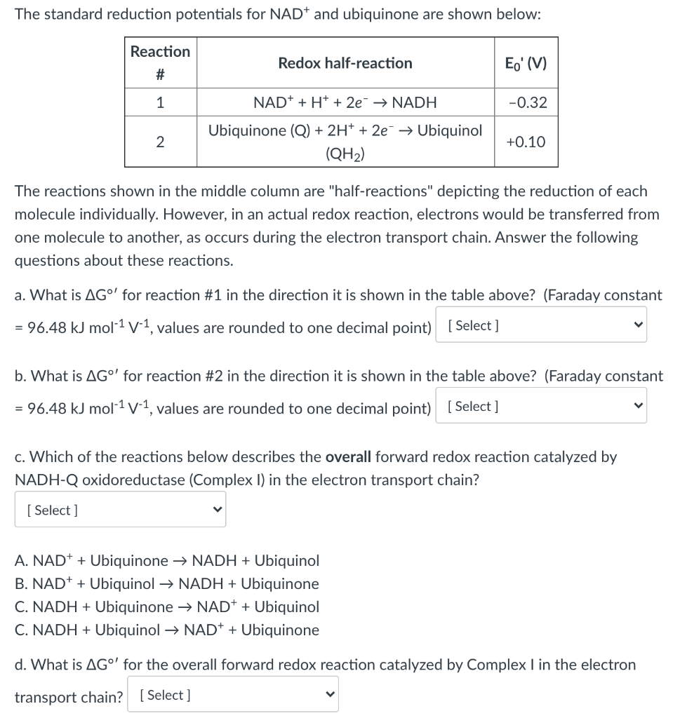 Solved The standard reduction potentials for NAD+ | Chegg.com