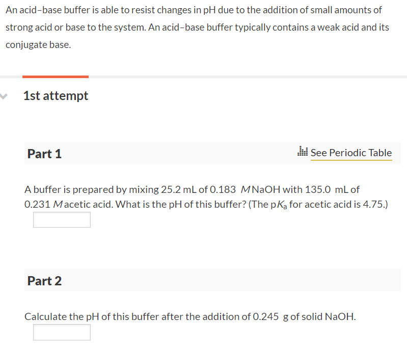 Solved An acid-base buffer is able to resist changes in pH | Chegg.com