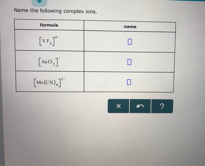 Solved Name the following complex ions. formula name VF Au | Chegg.com