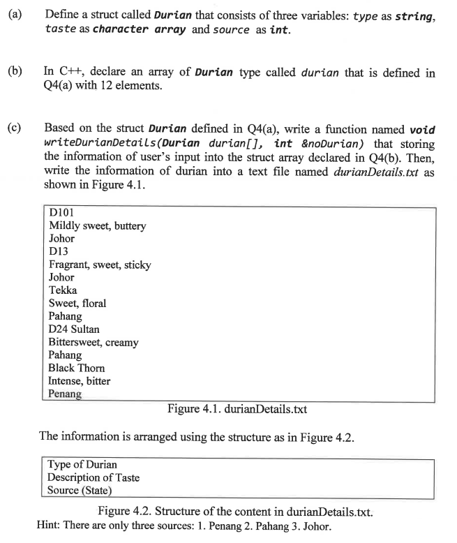 Solved (a) Define a struct called Durian that consists of | Chegg.com