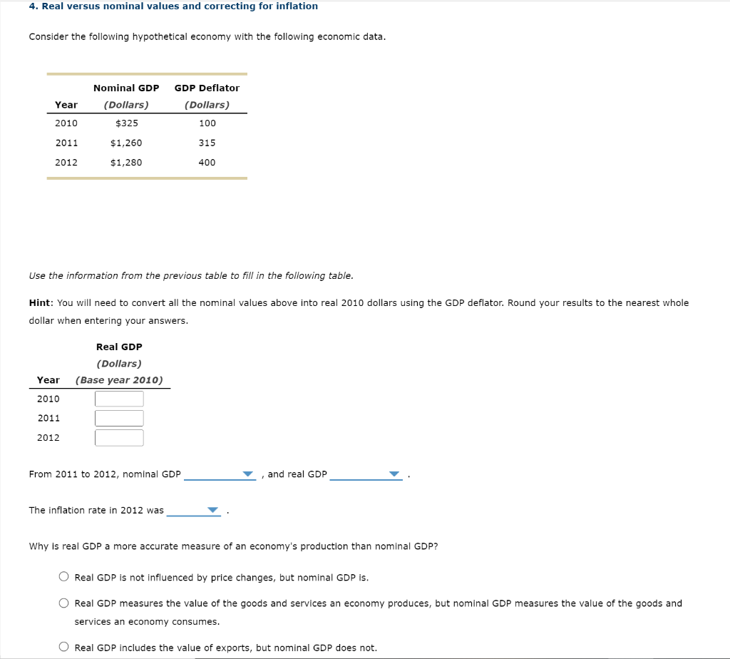 Solved 4. Real versus nominal values and correcting for | Chegg.com