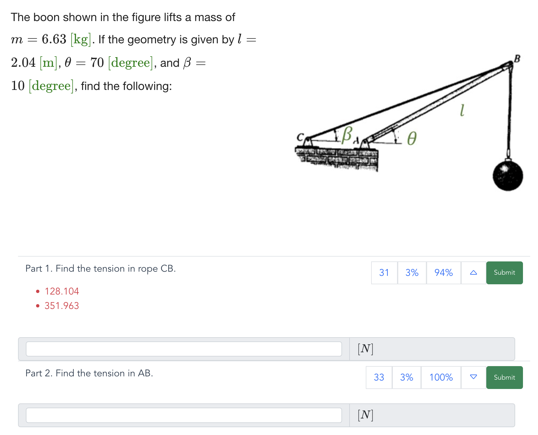 Solved The boon shown in the figure lifts a mass of m=6.63[ | Chegg.com