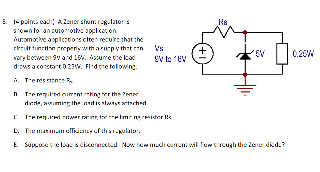 Solved (4 points each) A Zener shunt regulator is shown for | Chegg.com