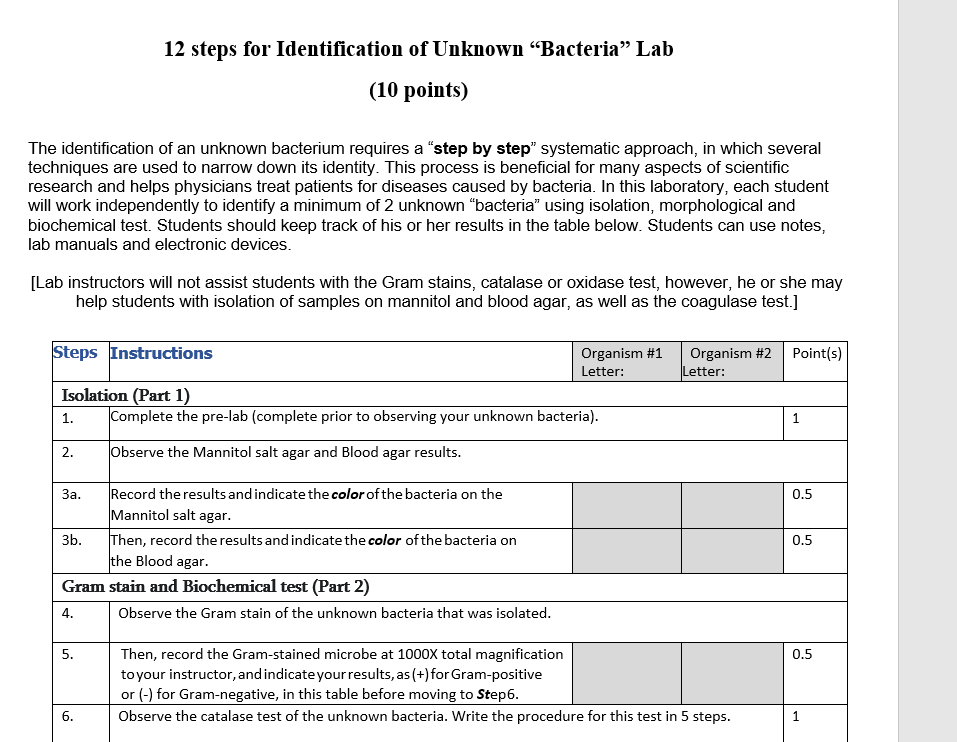 12 steps for Identification of Unknown "Bacteria” Lab | Chegg.com