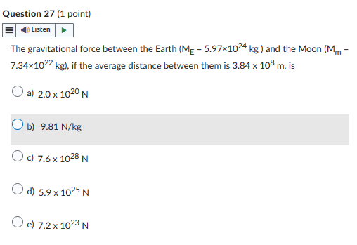 Solved Question 27 (1 ﻿point)The gravitational force between | Chegg.com