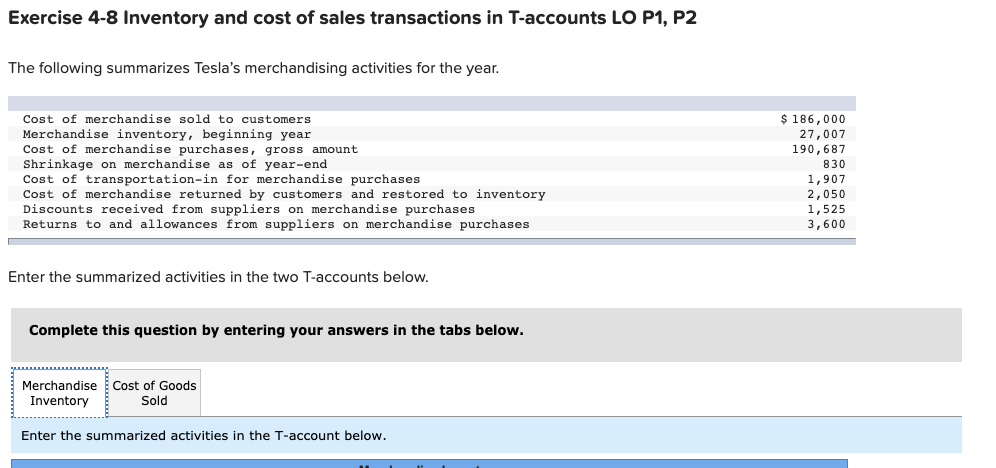 Solved Exercise 4-8 Inventory and cost of sales transactions | Chegg.com