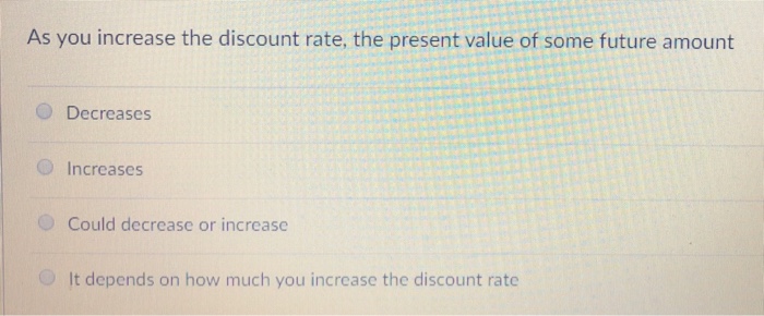 Solved As you increase the discount rate, the present value | Chegg.com