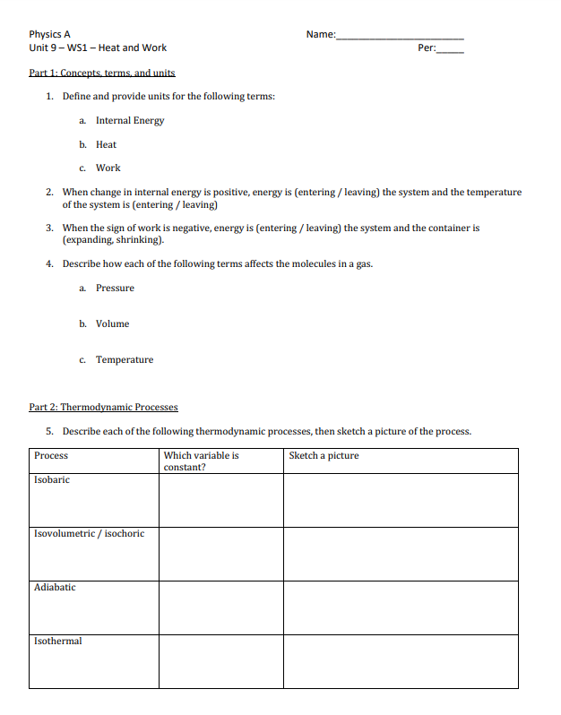 Solved Name: Per: Physics A Unit 9 - W51 - Heat and Work | Chegg.com