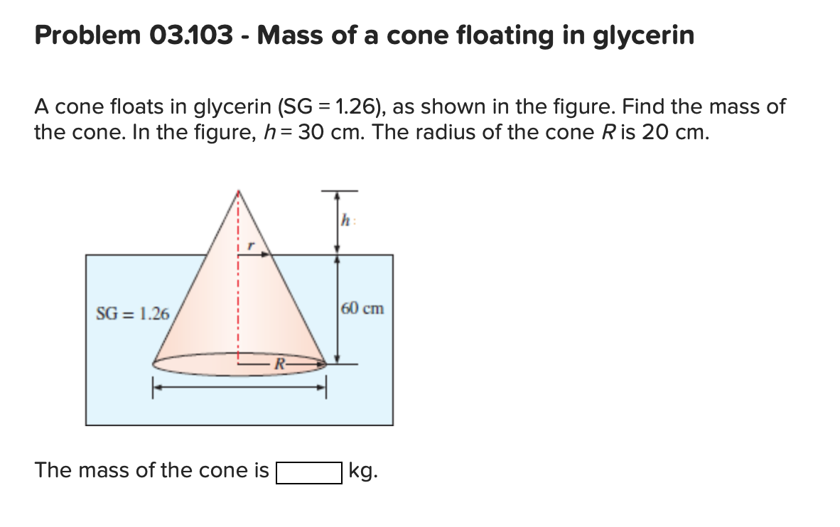 Solved Problem 03.103 - Mass of a cone floating in glycerin | Chegg.com