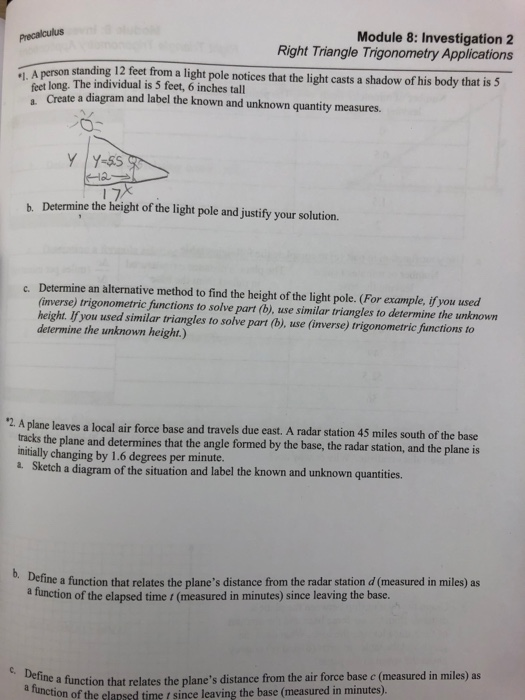 Solved Module 8: Investigation 2 Right Triangle Trigonometry | Chegg.com