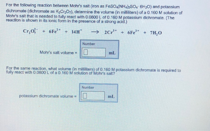 Solved For the following reaction between Mohr's salt (iron | Chegg.com