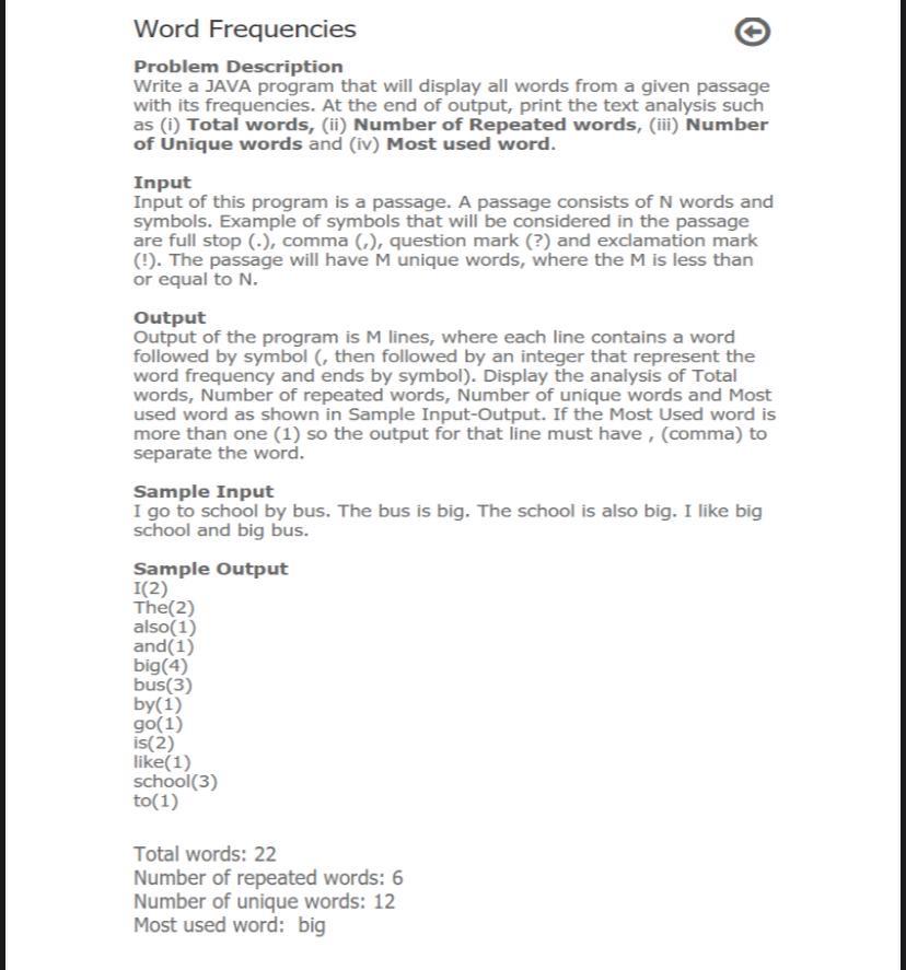 Solved Word Frequencies Problem Description Write a JAVA | Chegg.com