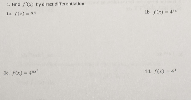 Solved 1. Find f'(x) by direct differentiation. 1a. f(x) = | Chegg.com
