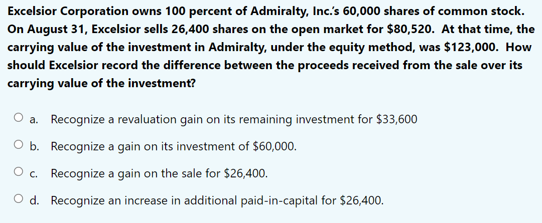 Solved Excelsior Corporation owns 100 percent of Admiralty, | Chegg.com