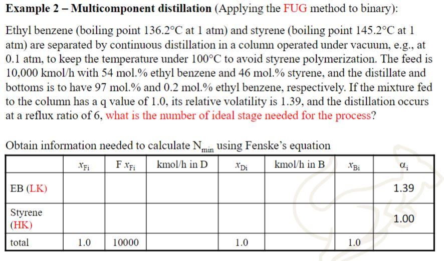 Example 2 – Multicomponent distillation (Applying the | Chegg.com