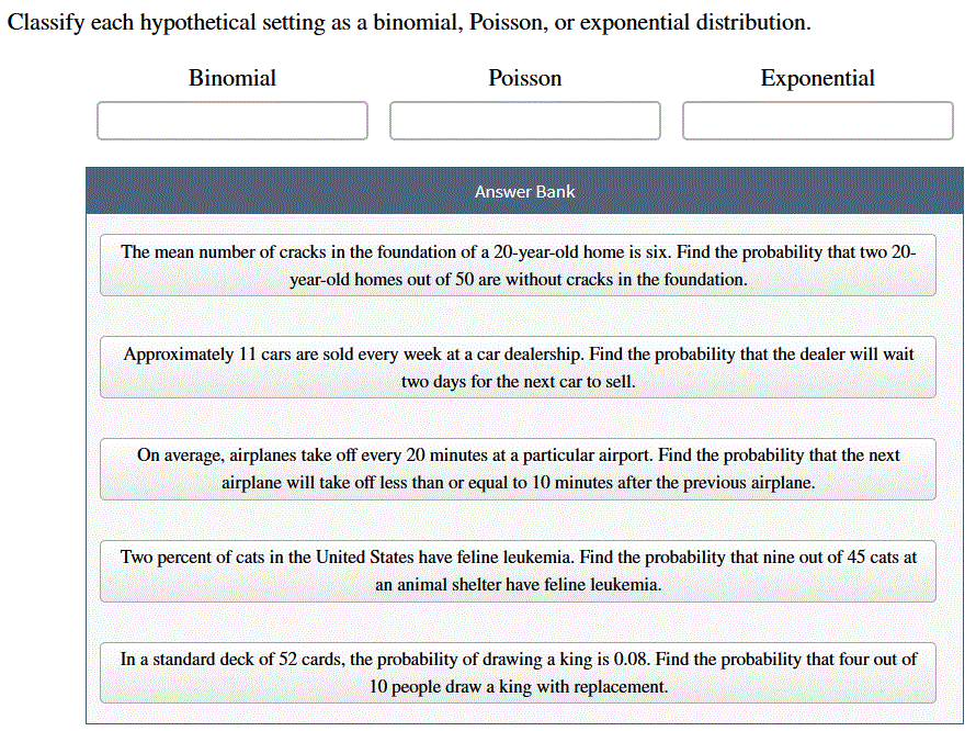 Solved Classify each hypothetical setting as a binomial, | Chegg.com