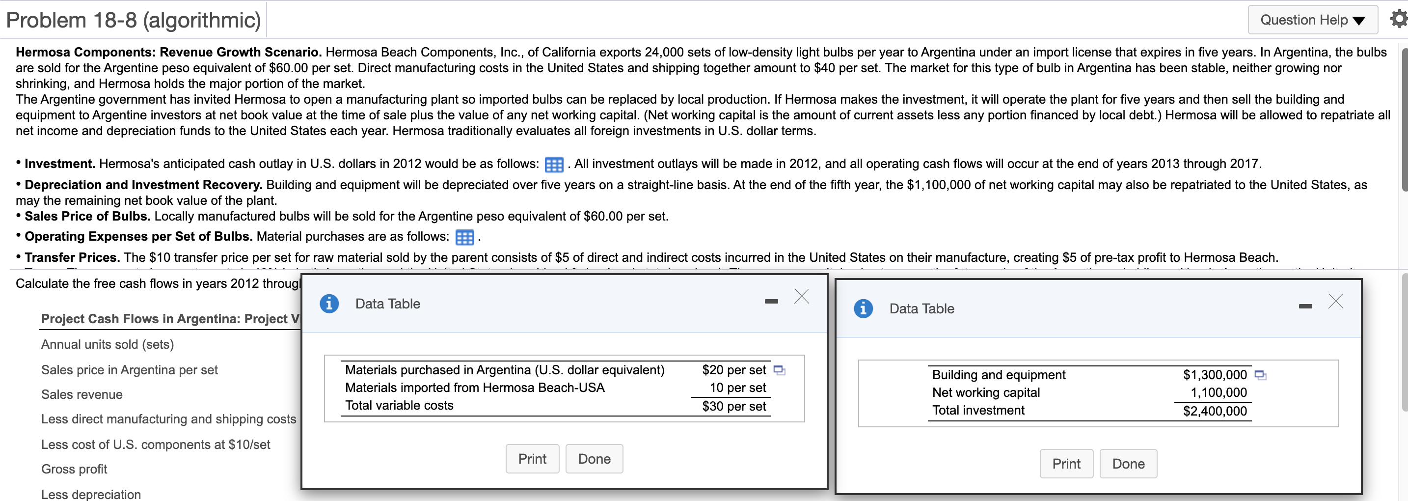 Solved Problem 18-8 (algorithmic) Question Help Hermosa | Chegg.com