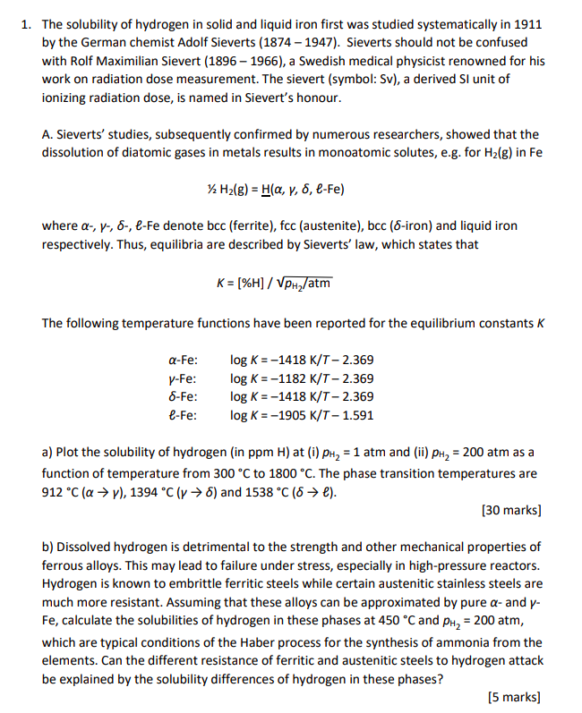 1. The solubility of hydrogen in solid and liquid | Chegg.com
